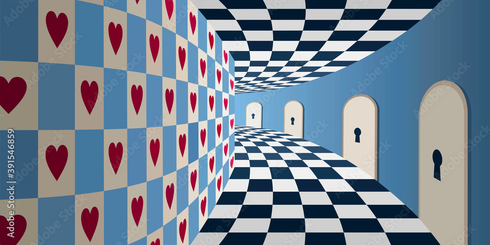 Wonderland background: magical room with chessboard floor and many ...