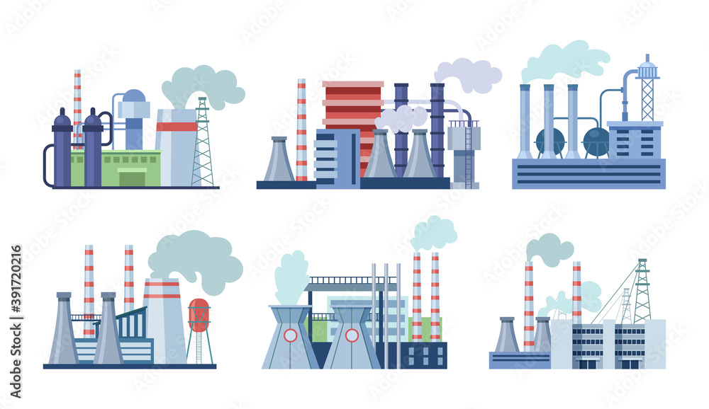 Industrial factory buildings set. Industrial buildings with pipes ...