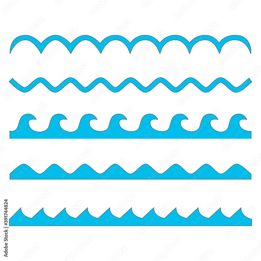 Water wave vector pattern set. Isolated on white background. Collection ...