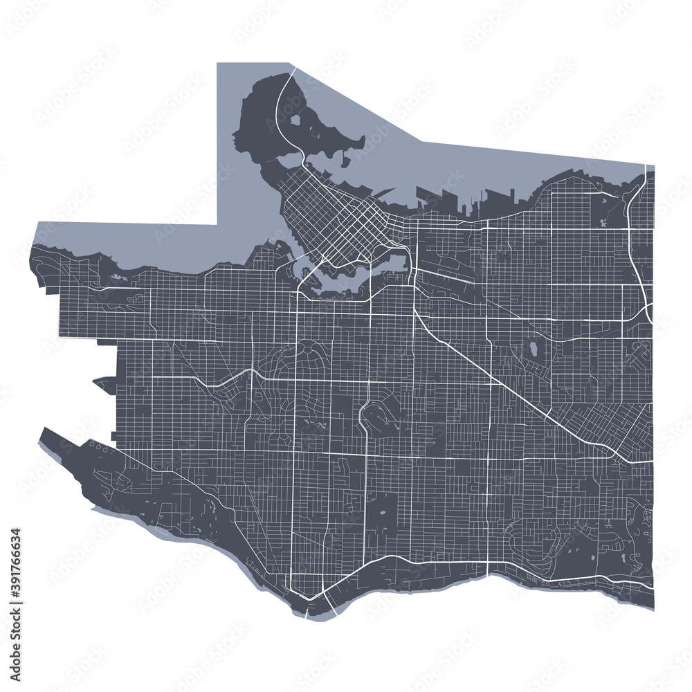 Vancouver map. Detailed map of Vancouver city poster with streets ...
