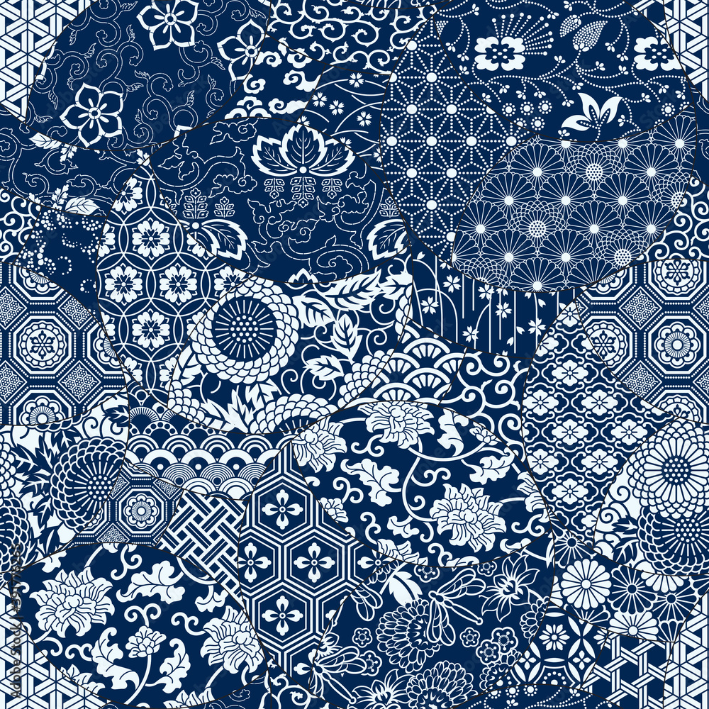 Japanese traditional fabric patchwork wallpaper abstract floral vector ...