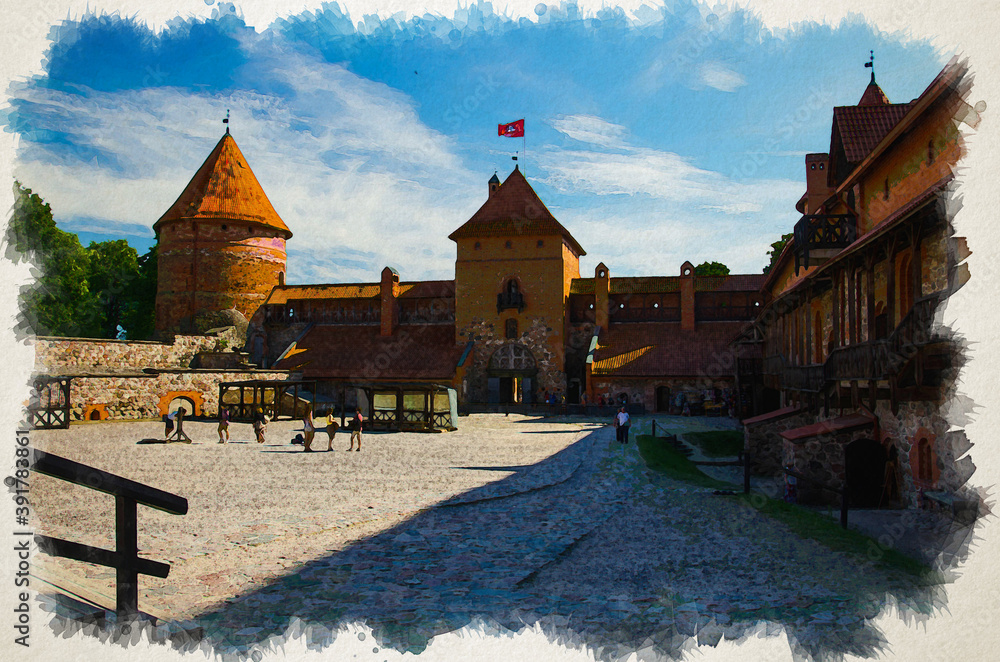 Watercolor drawing of Courtyard of medieval gothic Trakai Island Castle ...