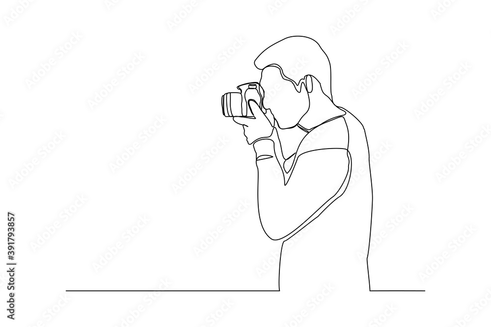 Continuous line drawing of professional man photographer take picture ...