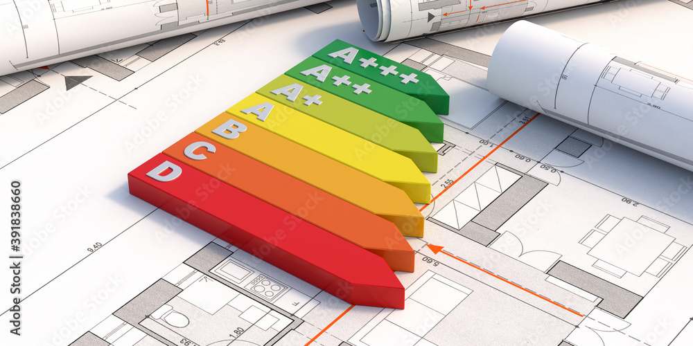 Energy efficiency rating chart on blueprint plans background. 3d ...