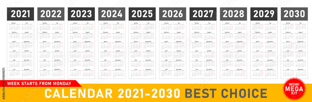 Mega calendar on 2021, 2022, 2023, 2024, 2025, 2026, 2027 , 2028, 2029 ...
