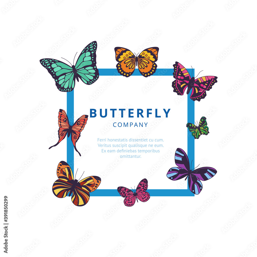 Square frame with colorful exotic butterflies flat vector illustration ...