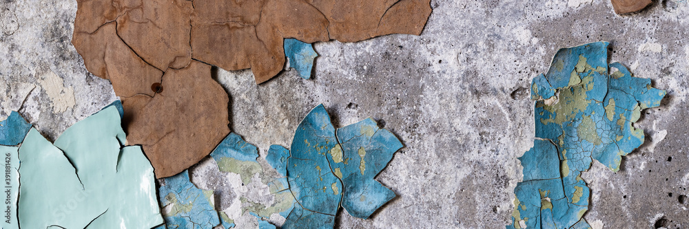 Peeling paint on the wall. Panorama of a concrete wall with old cracked ...