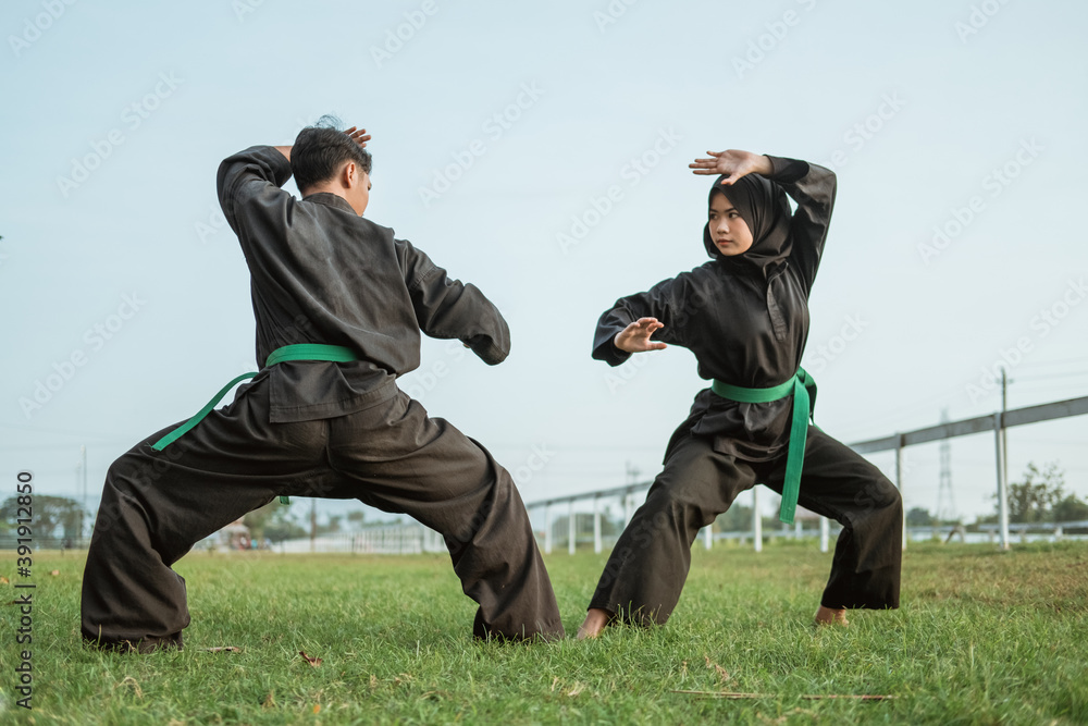 Asian male fighter wearing a pencak silat uniform with side stance ...