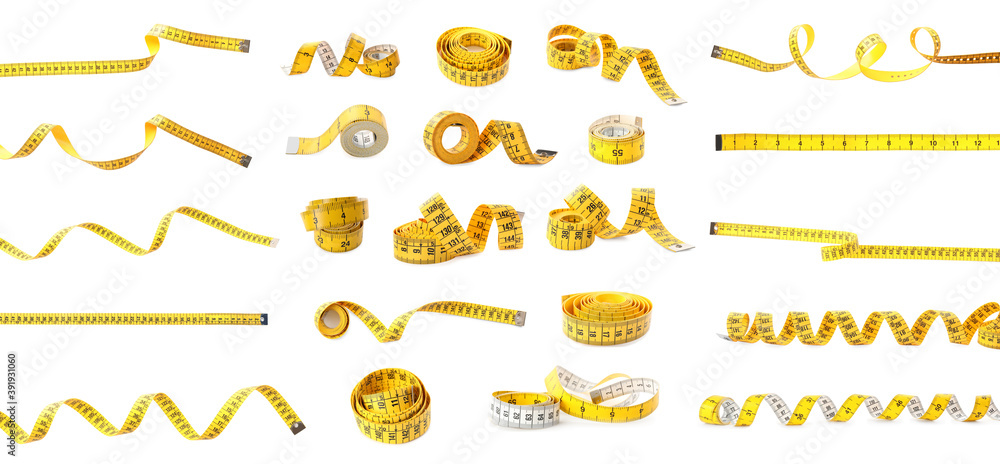 Set of yellow measuring tapes on white background. Banner design Stock ...