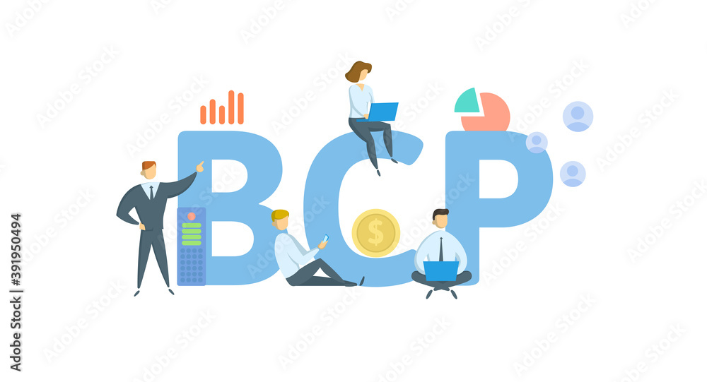 BCP, Business Continuity Plan. Concept with keywords, people and icons ...