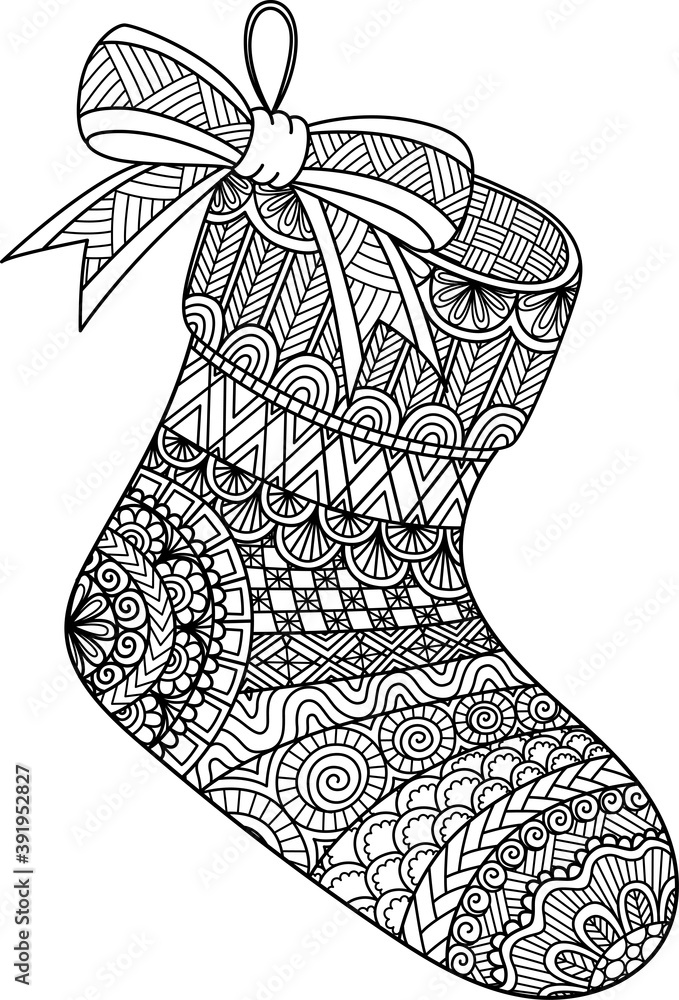 Line art design of hanging Christmas sock for coloring book, coloring ...