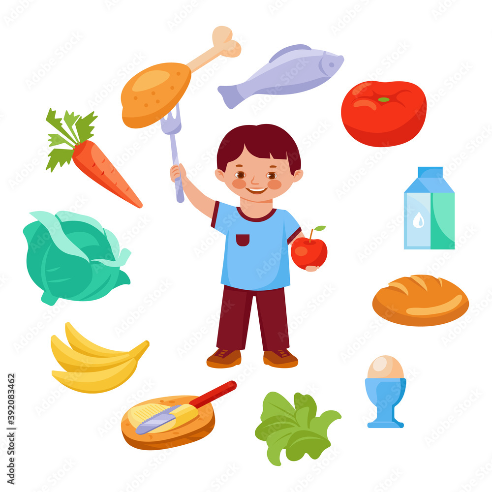 Balanced nutrition concept. Happy Little boy and different types of ...