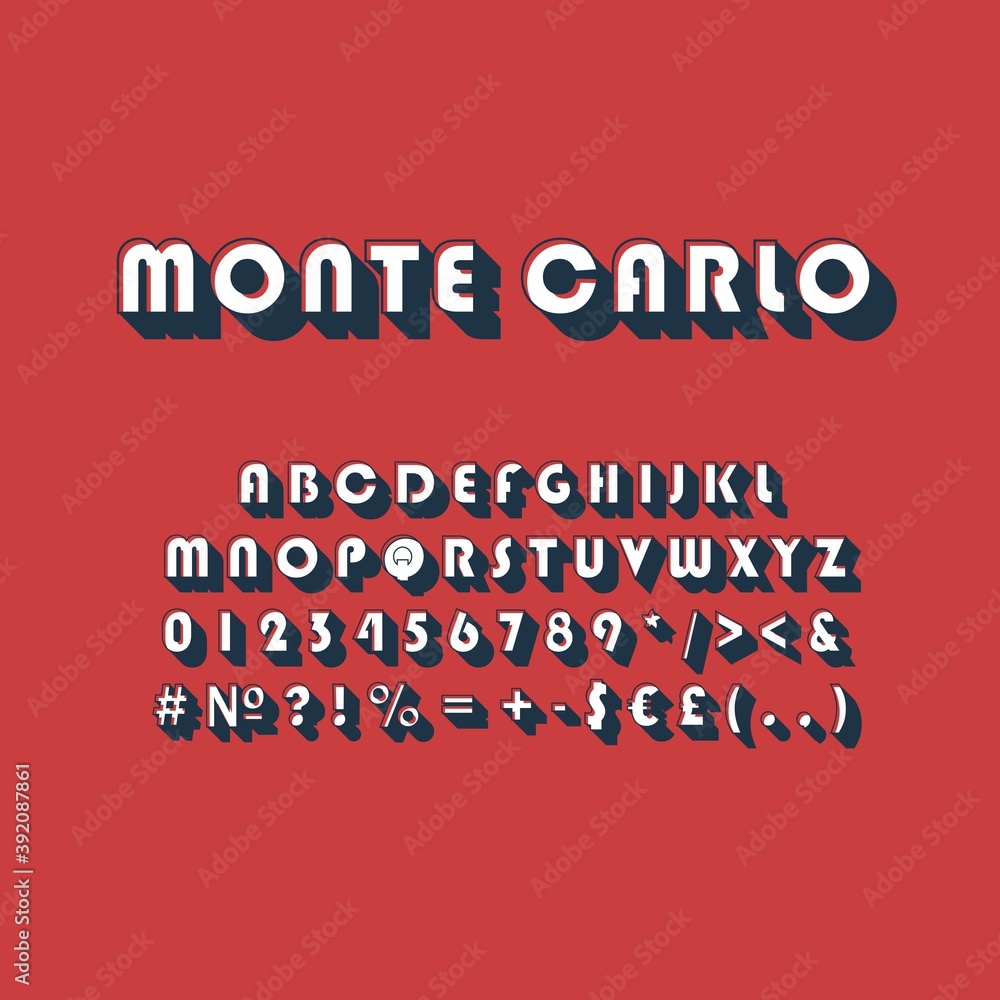 Monte Carlo vintage 3d vector alphabet set. Retro bold font, typeface ...