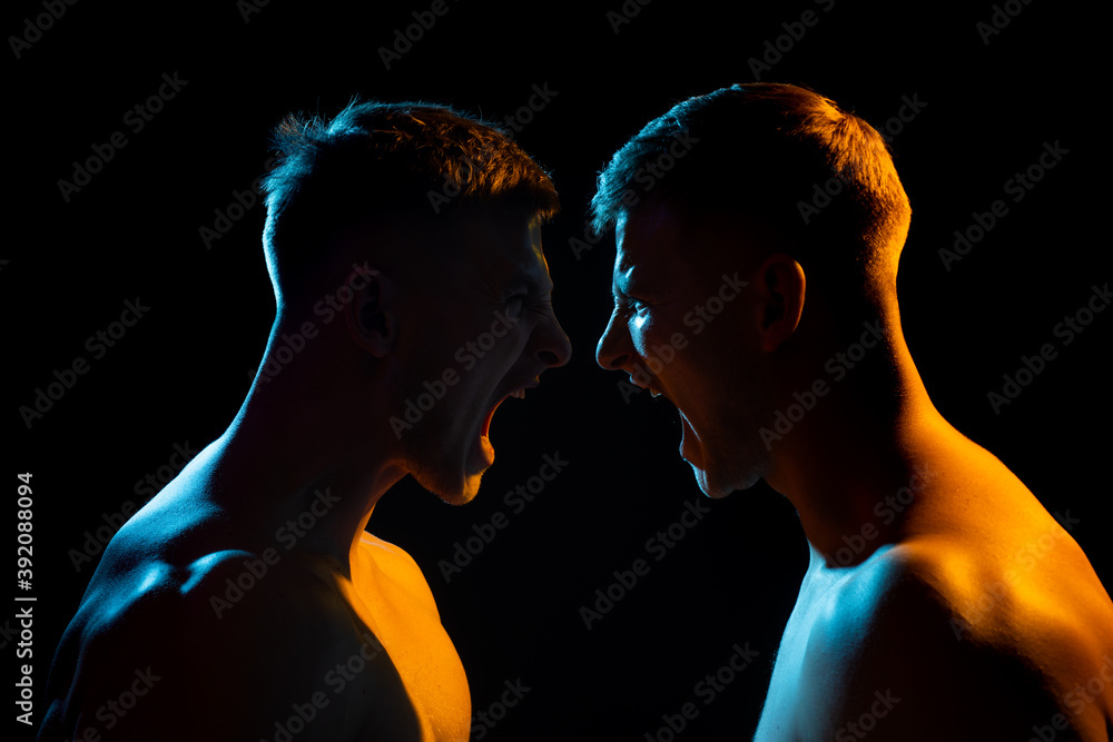 Aggression and abuse concept. Man expressing violence in studio ...