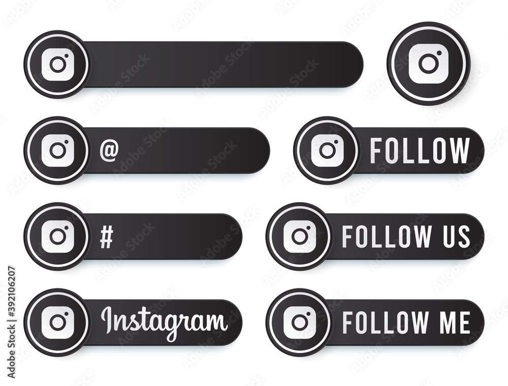 Instagram Buttons Collection with White Logo. Black Social Media Tags ...