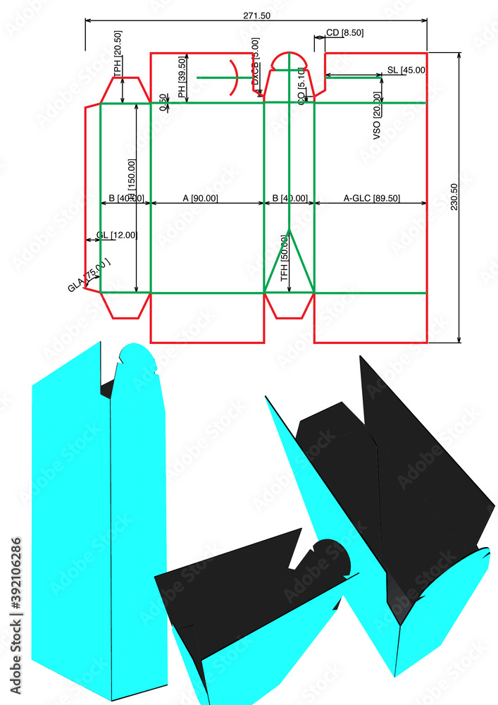 Die Cut Cube Box Template with 3D Preview organised with cut, crease ...