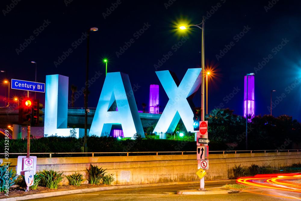 Los Angeles, California - October 11 2019: LAX Airport sign at night in ...