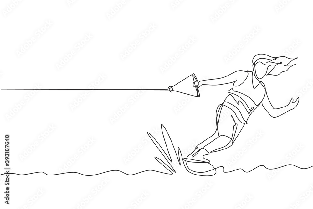 One single line drawing of young sporty man play wakeboarding in the ...