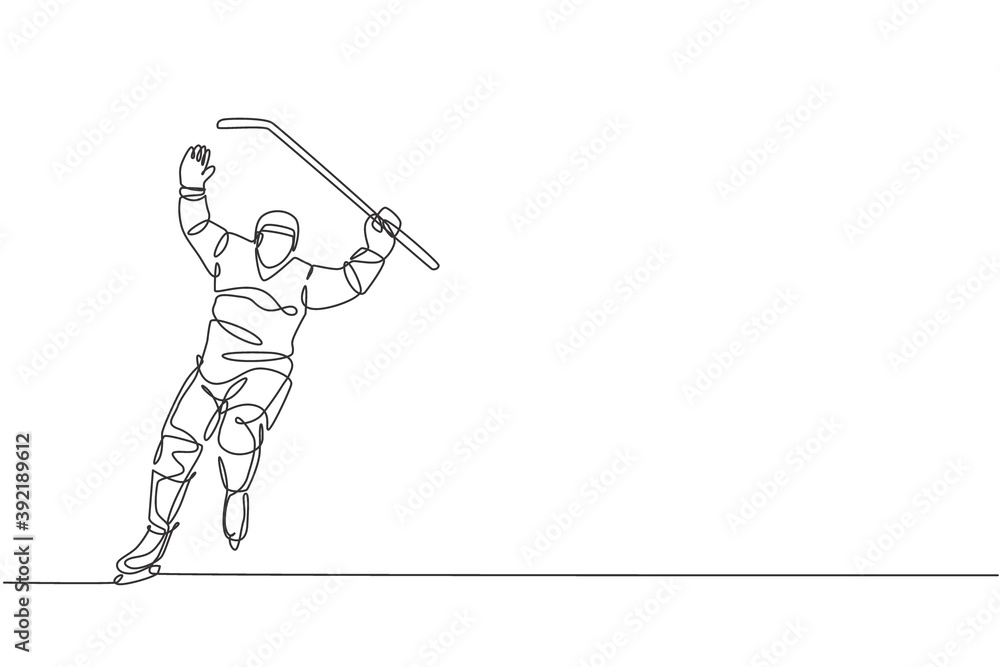 One single line drawing young ice hockey player in action to celebrate ...