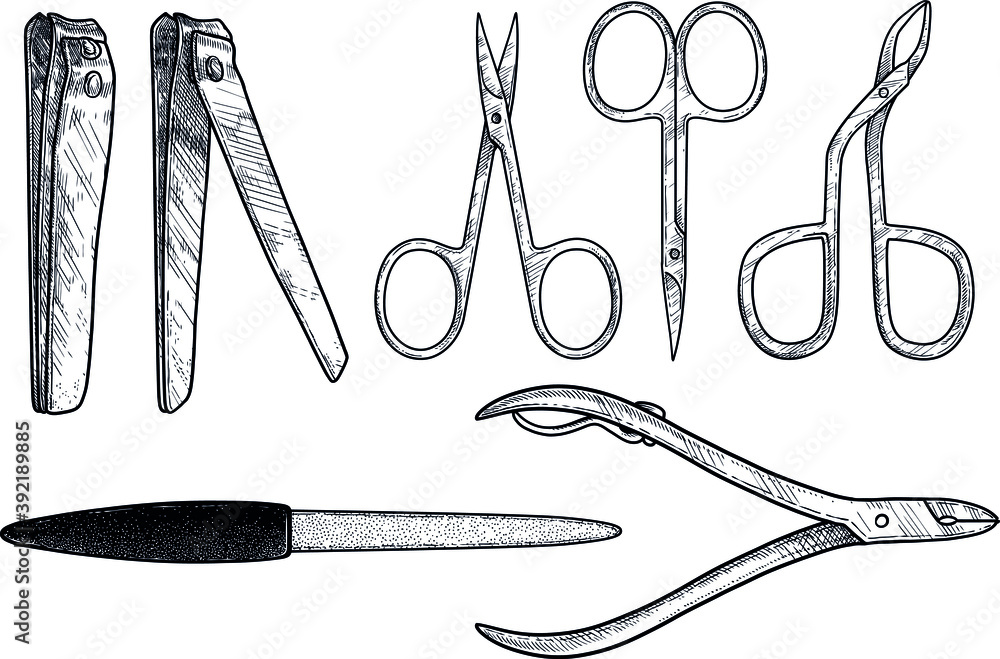 Manicure and pedicure tools illustration, drawing, engraving, ink, line ...