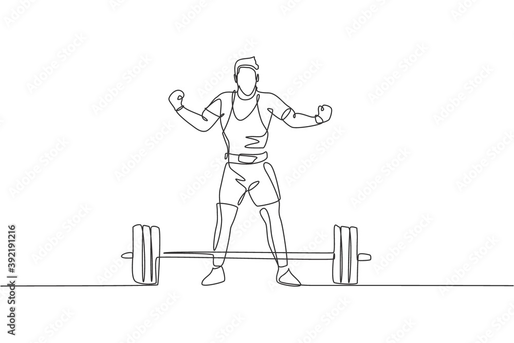 One single line drawing of fit young athlete muscular man lifting ...