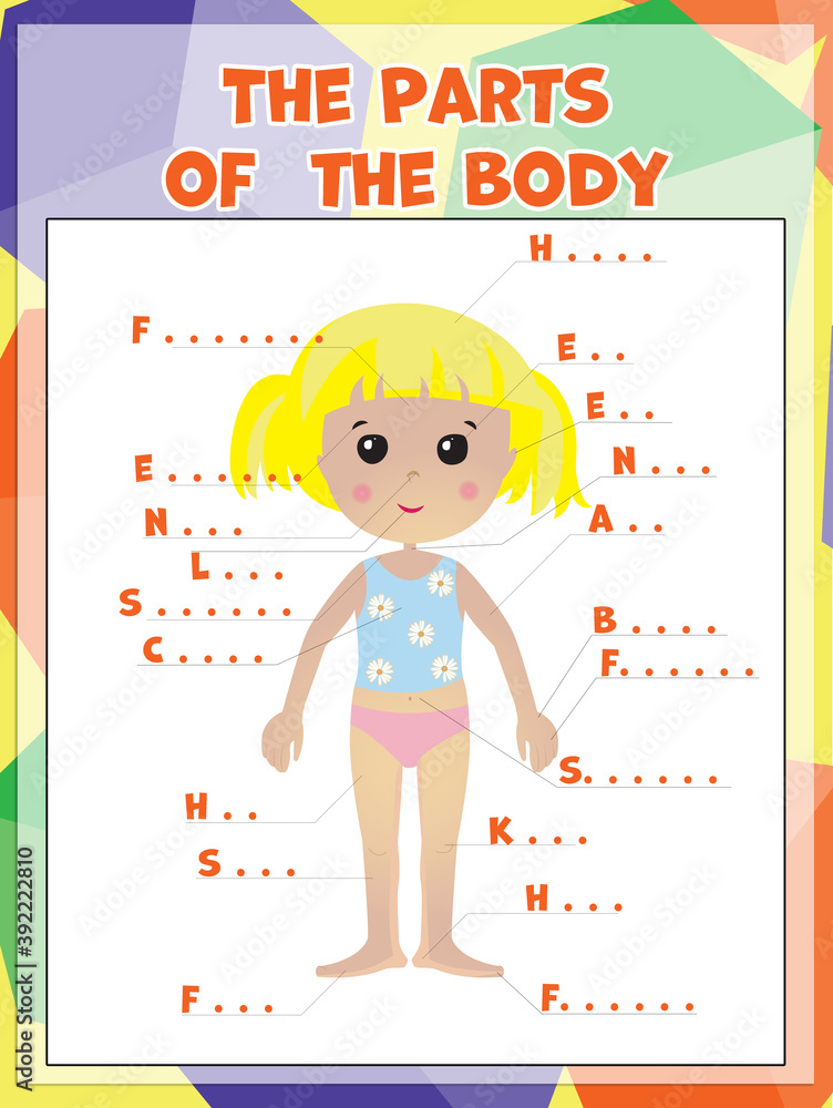 Educational game for kids. Girl and first letters of body parts names ...