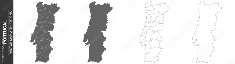 set of 4 political maps of Portugal with regions isolated on white ...