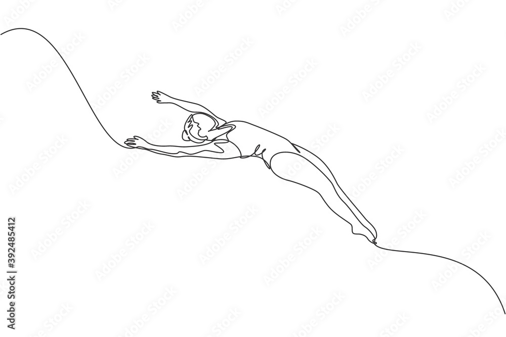Vetor One single line drawing of young energetic woman jumping and ...