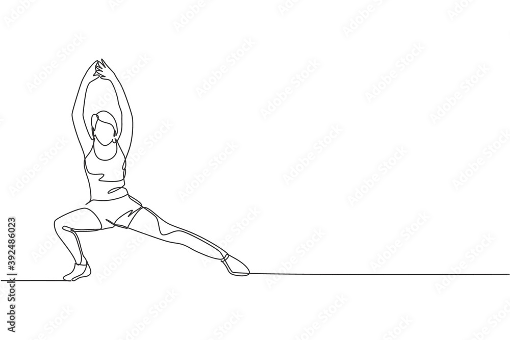One continuous line drawing of young sporty woman working out ...
