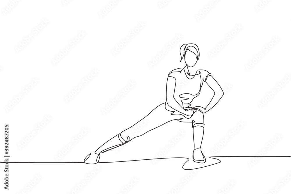 One single line drawing young energetic woman working out. Side lunge ...