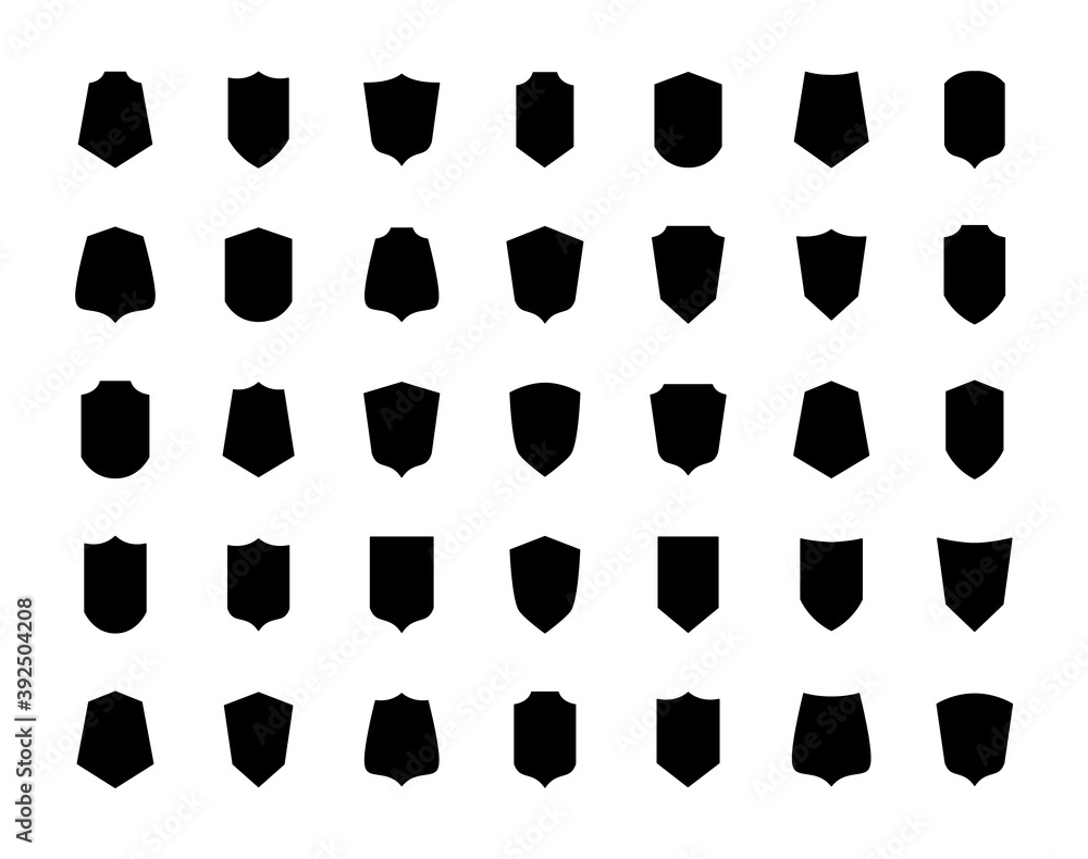 Shield black badges. Different shield shapes icons collection. Emblems ...