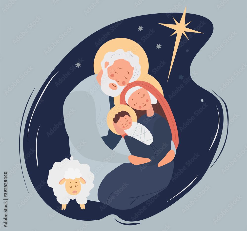 Merry Christmas. Holy Family Virgin Mary and Joseph Birth of the baby ...