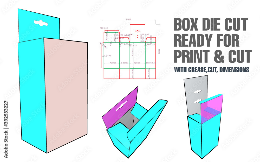 Box Die Cut Cube Template with 3D Preview organised with cut, crease ...