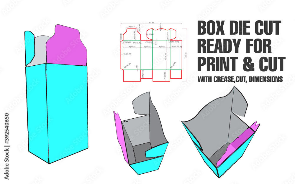 Box Die Cut Cube Template with 3D Preview organised with cut, crease ...