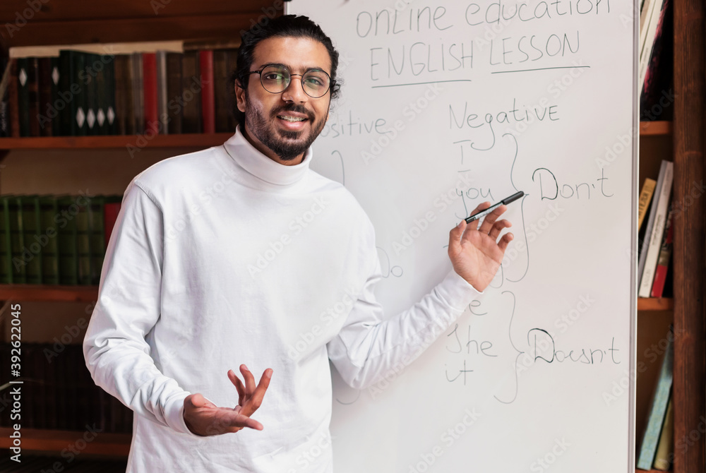 Indian Male Teacher Teaching Online Pointing To Blackboard Standing ...