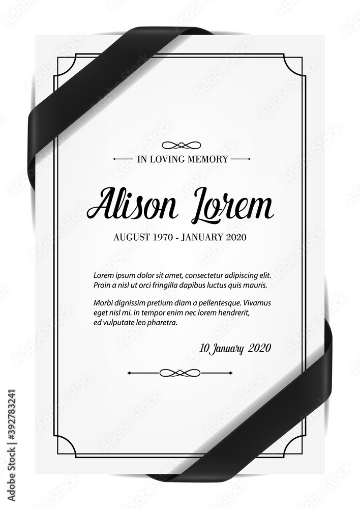 Funerary card with obituary condolence and mourning ribbon. Obituary ...