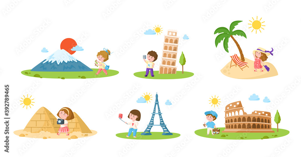 Travel cartoon kids girl and boy, landmarks or world places cliparts of ...