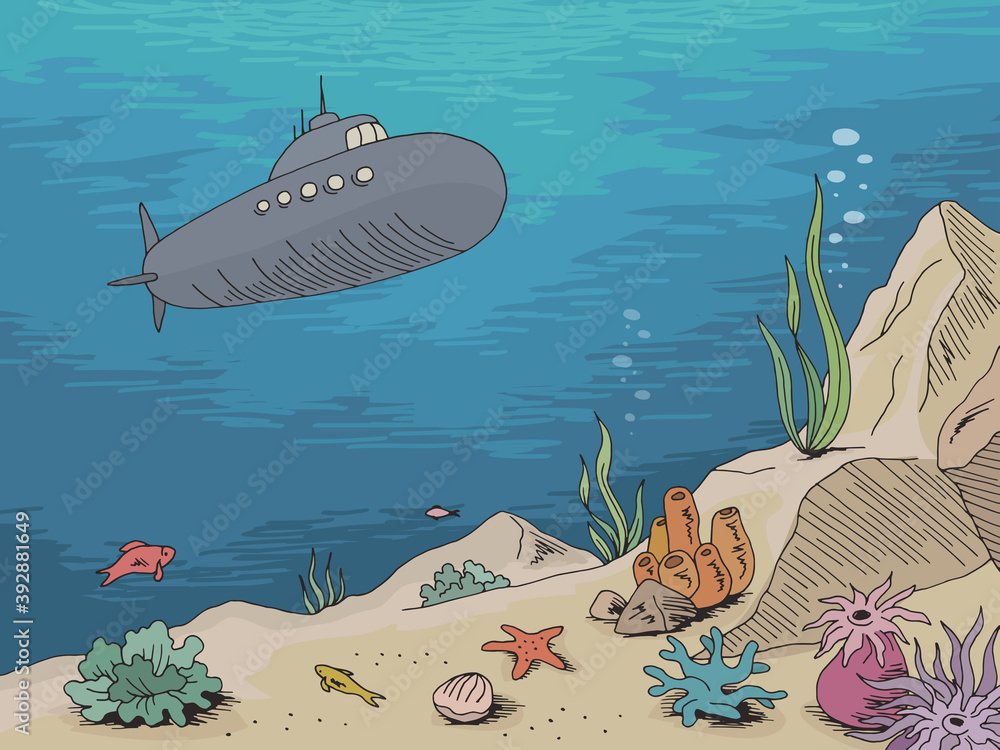 Underwater submarine graphic sea color sketch illustration vector Stock ...