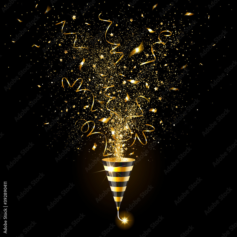 Explosion Golden Party Popper with Gold Confetti Stock Vector | Adobe Stock