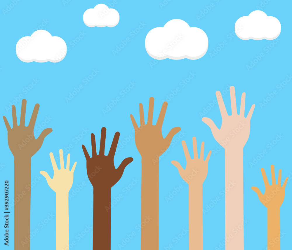 Multicultural hands raised up with blue sky background and clouds ...