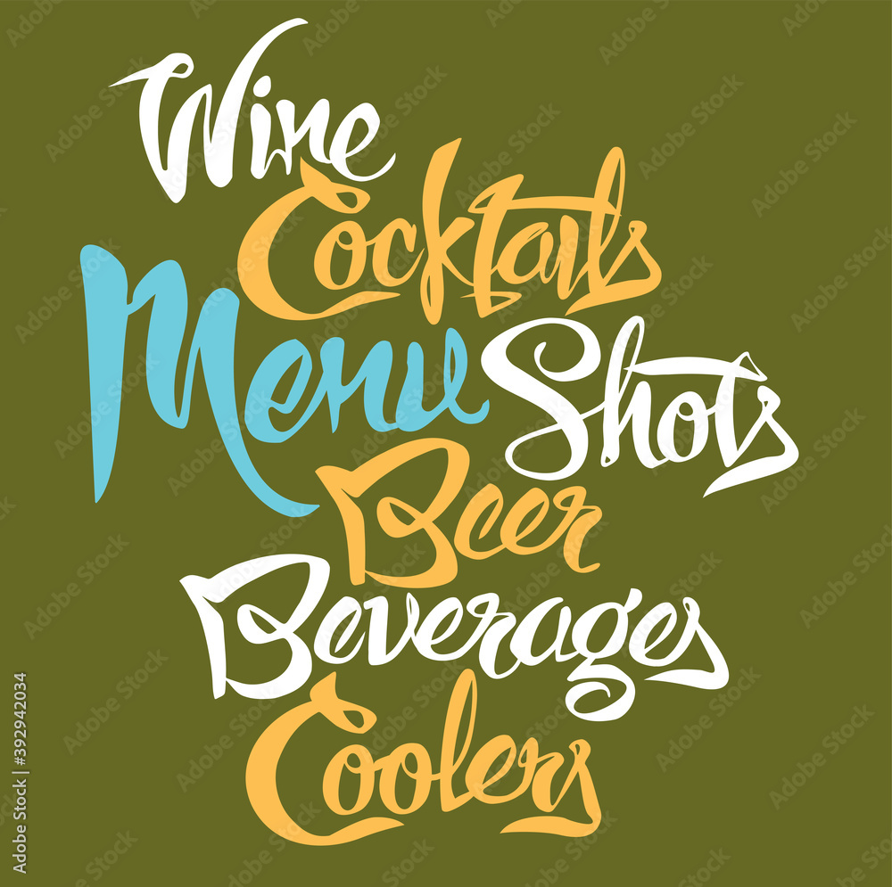 Hand-lettered Meal Category Headers—Wine, Cocktails, Shots, Beer ...
