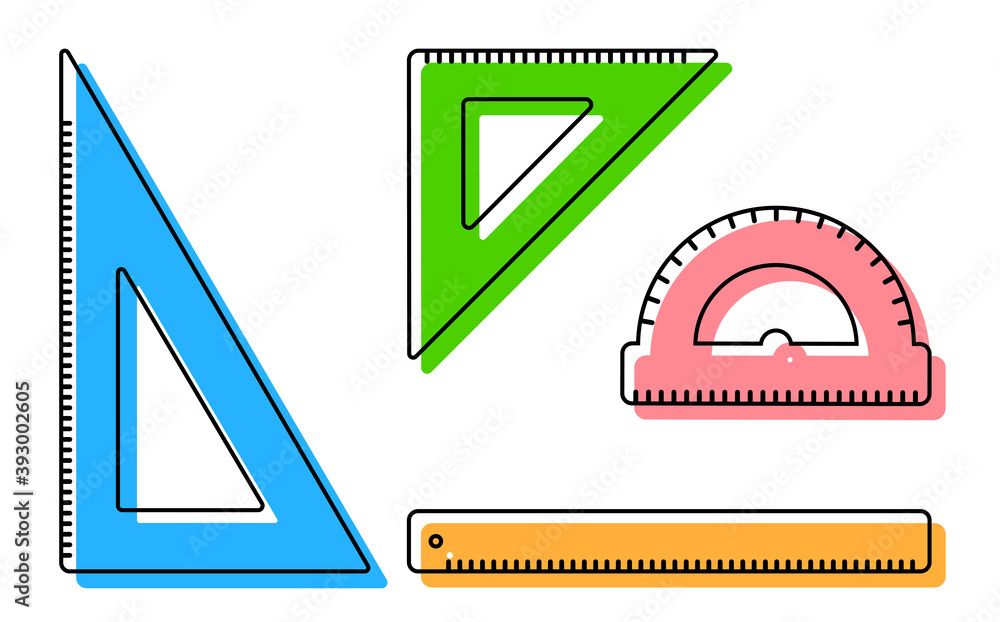 Ruler, protractor, triangle icons. School measuring instruments. School ...