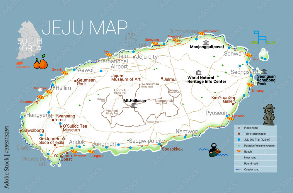 Map of Jeju Island in English. Roads, beaches and famous tourist ...