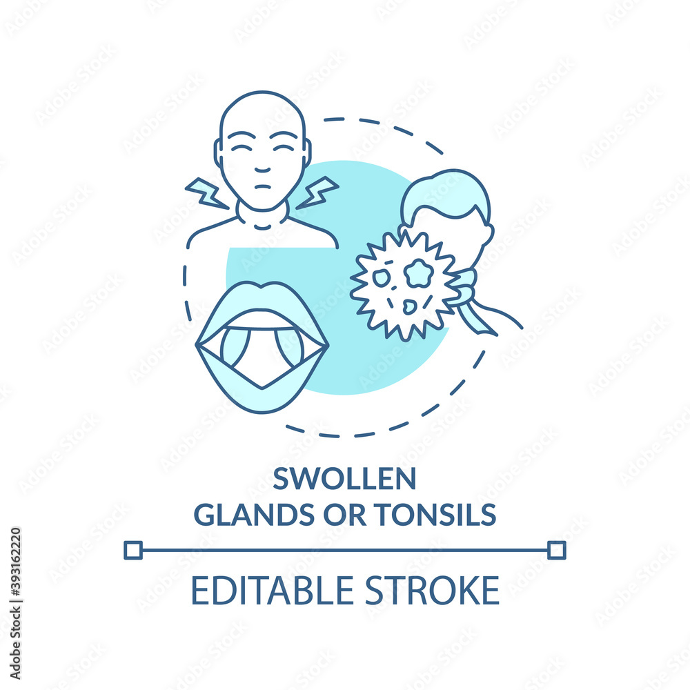 Swollen glands and tonsils concept icon. Sore throat symptom idea thin ...