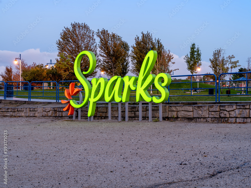 View of the Lighted Sparks logo sign on the beach of the Sparks Marina ...