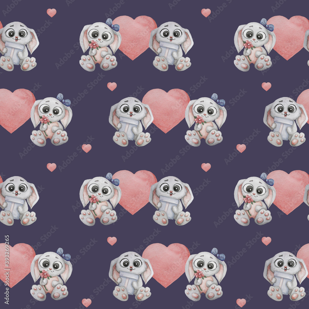 Seamless patterns. Cute animals. Two gray bunnies in love. A girl with ...