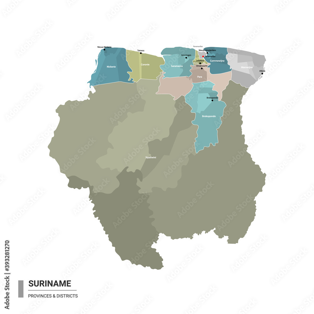 Suriname higt detailed map with subdivisions. Administrative map of ...