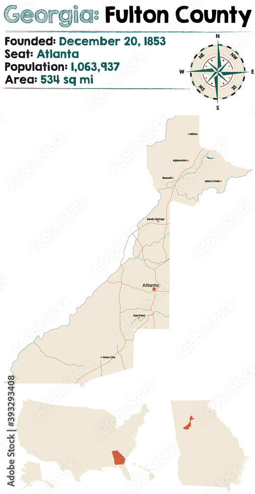 Large and detailed map of Fulton county in Georgia, USA. Stock Vector ...