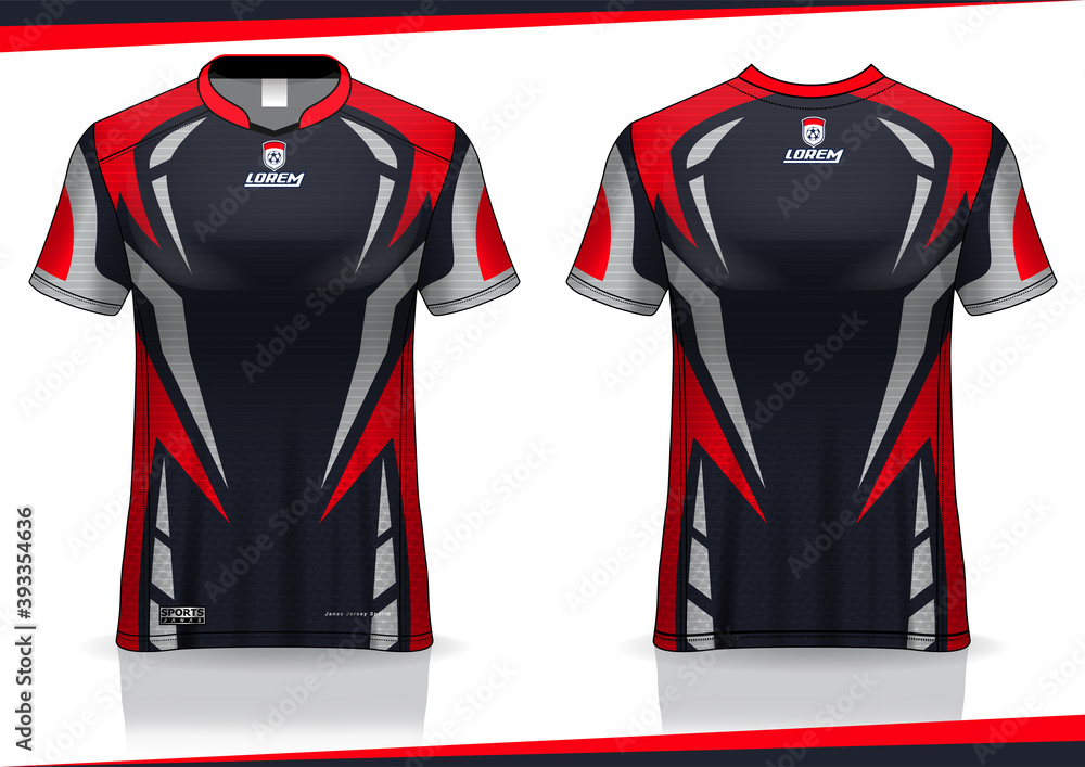 Jersey mockup. t-shirt sport design template for runner, uniform front and back view. red black ...