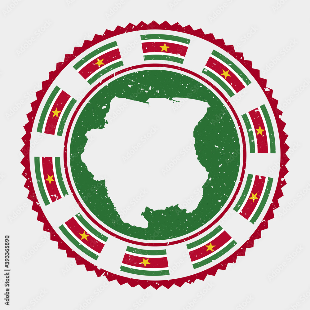 Suriname grunge stamp. Round logo with map and flag of Suriname ...